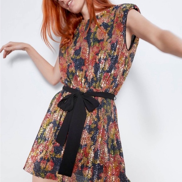 Zara | Dresses | Zara Belted Sequin Mini Dress Cocktail Party | Poshmark